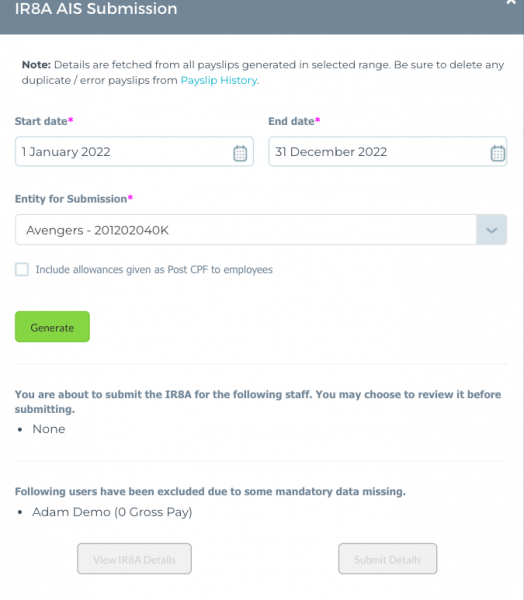 Generate IR8A AIS Submission | Carbonate HR