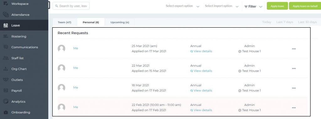 Recent Personal Leave Request and History | Carbonate HR