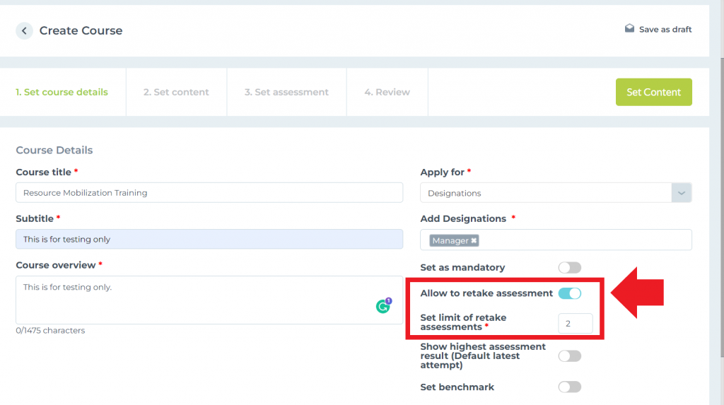 Set the Limit on Retaking the Assessments | Carbonate HR